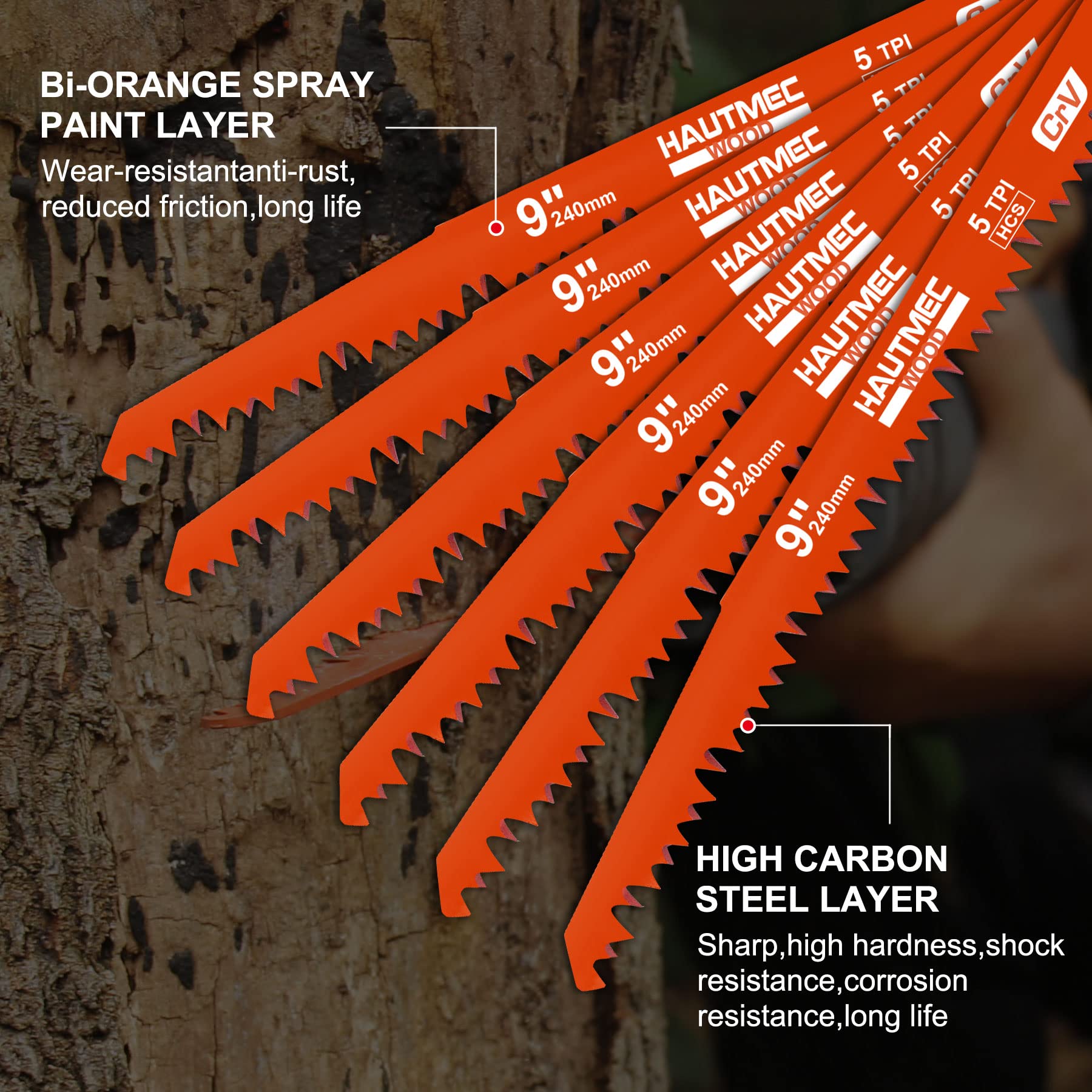 HAUTMEC 9 Inch Reciprocating Saw Blades,Sawzall Blades,Pruner Saw Blades 6 Piece Set for Wood and Trimming Cutting HT0167-CT