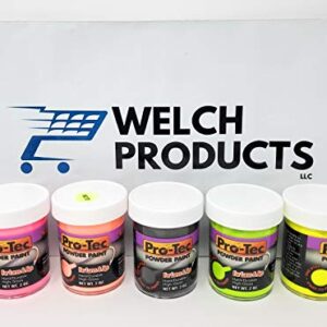 Welch Products 5 x 2oz Pro-Tec Jigs and Lures Powder Paints, Jig Head Fishing Paint, Fishing Lure Paint - High Gloss Powder Coating Paint - Hot Pink, Green & Yellow Chartreuse, Black, Blaze Orange