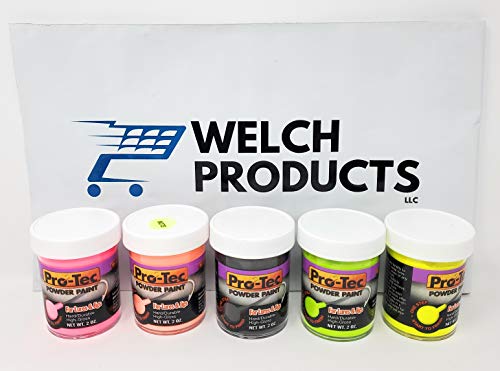 Welch Products 5 x 2oz Pro-Tec Jigs and Lures Powder Paints, Jig Head Fishing Paint, Fishing Lure Paint - High Gloss Powder Coating Paint - Hot Pink, Green & Yellow Chartreuse, Black, Blaze Orange