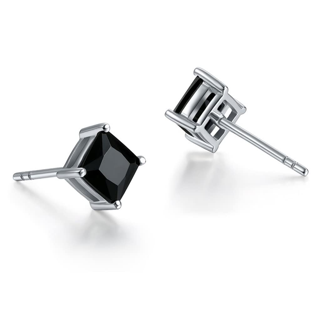 Unisex Princess cut Black Onyx 925 Sterling Silver Stud Earrings Platinum Plated Fine Jewelry for Men Women 5mm