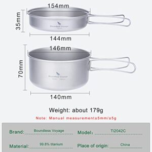 iBasingo Titanium Cookware Camping 1000ml Pot 500ml Pan Set with Folding Handle Outdoor Cooking Bowls Ultralight Picnic Hiking Backpacking Tableware for 1 Person Ti2042C