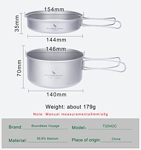 iBasingo Titanium Cookware Camping 1000ml Pot 500ml Pan Set with Folding Handle Outdoor Cooking Bowls Ultralight Picnic Hiking Backpacking Tableware for 1 Person Ti2042C