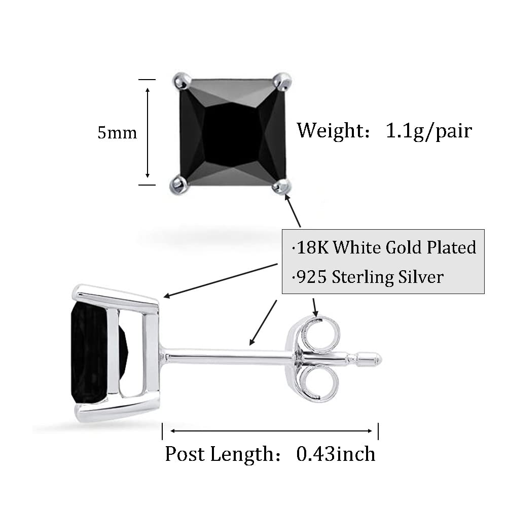 Unisex Princess cut Black Onyx 925 Sterling Silver Stud Earrings Platinum Plated Fine Jewelry for Men Women 5mm