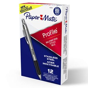 paper mate profile ballpoint pens, retractable pen with stainless steel barrel, 1.0 mm, black ink, 12 count