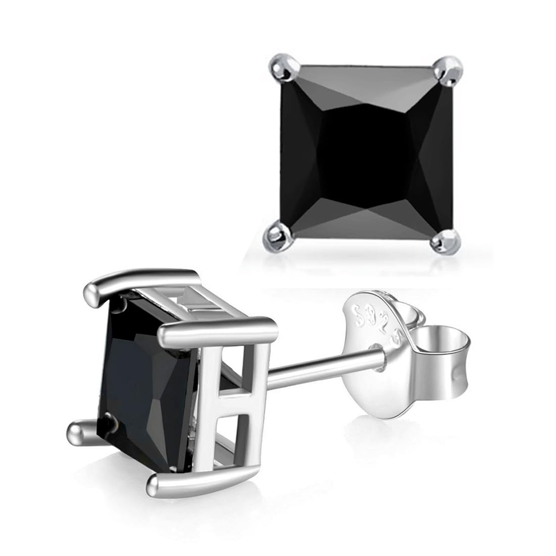 Unisex Princess cut Black Onyx 925 Sterling Silver Stud Earrings Platinum Plated Fine Jewelry for Men Women 5mm