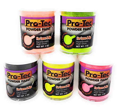 Welch Products 5 x 2oz Pro-Tec Jigs and Lures Powder Paints, Jig Head Fishing Paint, Fishing Lure Paint - High Gloss Powder Coating Paint - Hot Pink, Green & Yellow Chartreuse, Black, Blaze Orange