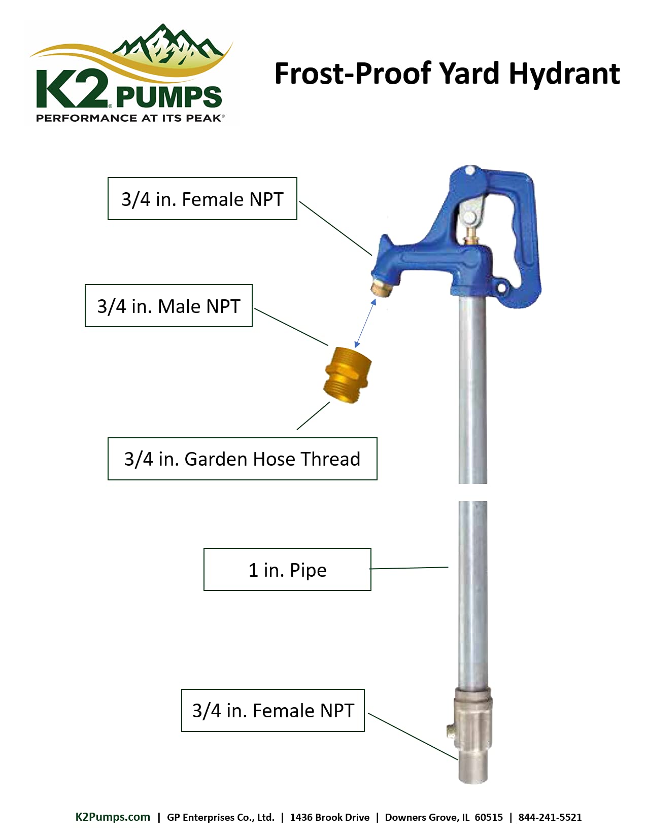 K2 Pumps AWP00001K-3, LF 3' FP Yard Hydrant; L 5.25', Bury Depth, 3'