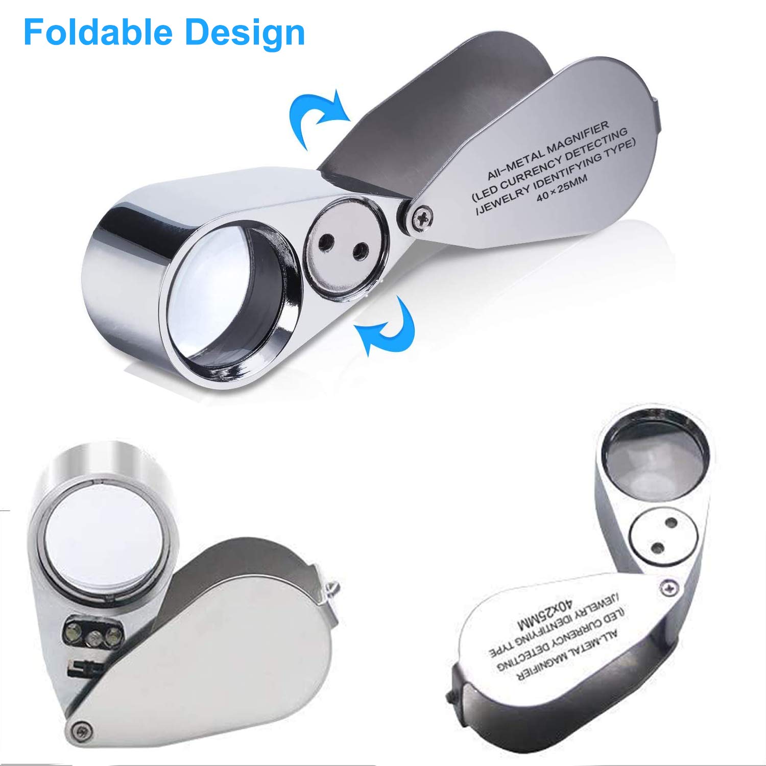 40X Metal Illuminated Jewelers Loop Magnifier Glass, Loupe Magnifier with Light and Pocket Folding, Handheld Jewelers Eye Loop for Jewelry Identifying, Currency Detecting, Rock Collecting, Stamps