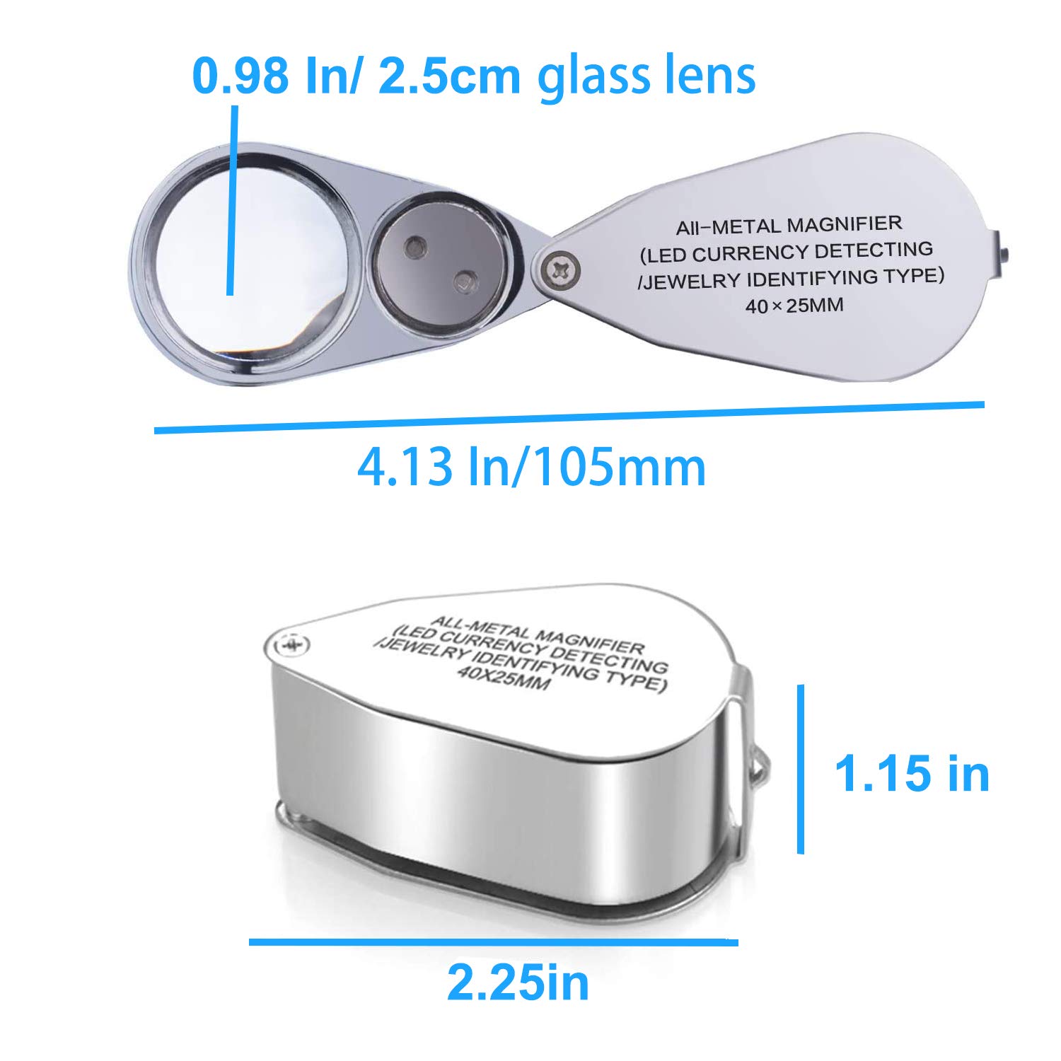 40X Metal Illuminated Jewelers Loop Magnifier Glass, Loupe Magnifier with Light and Pocket Folding, Handheld Jewelers Eye Loop for Jewelry Identifying, Currency Detecting, Rock Collecting, Stamps