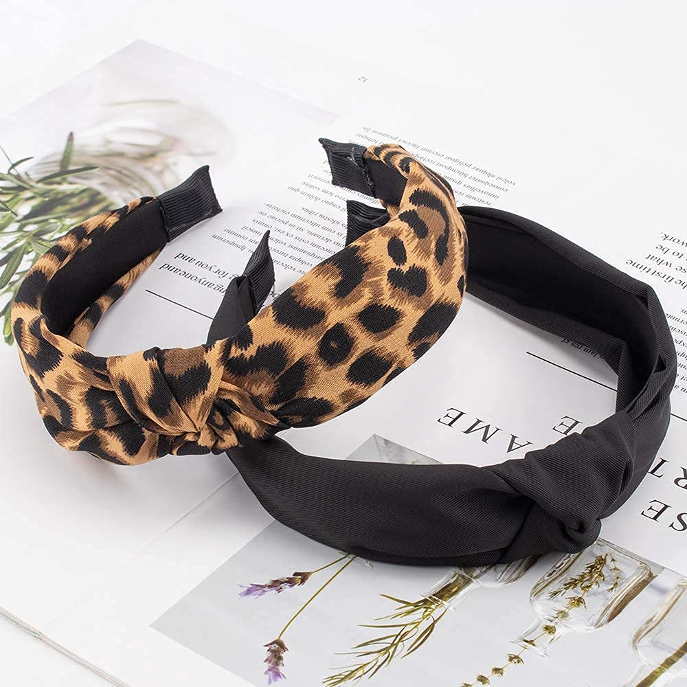 KICOSY 2PCS Headbands for Women Leopard Headband Knotted Headband for Girls Fashion Wide Headband Non Slip Hairband Elastic Hair Accessories(Black, Leopard)