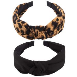 kicosy 2pcs headbands for women leopard headband knotted headband for girls fashion wide headband non slip hairband elastic hair accessories(black, leopard)