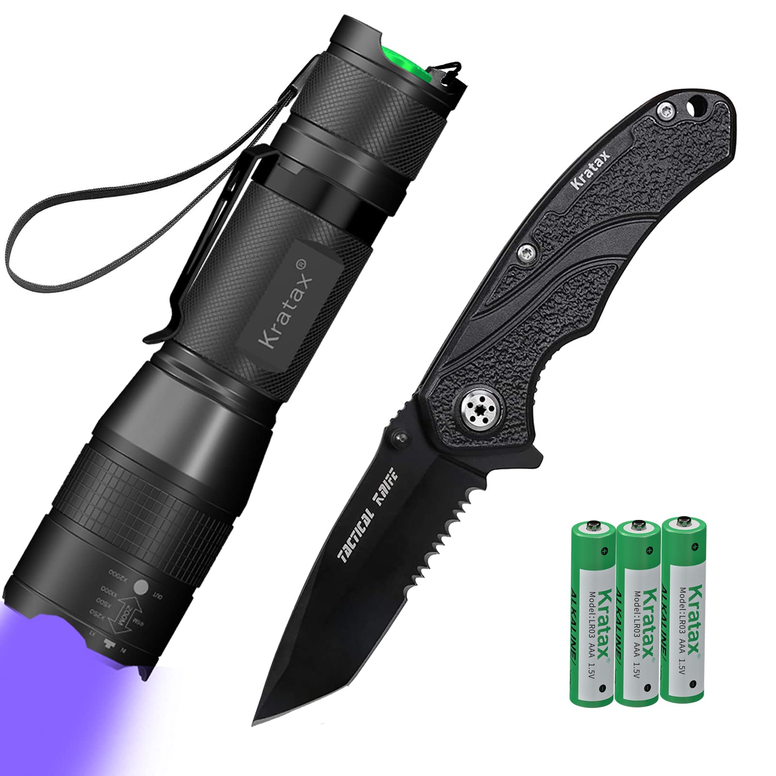 Kratax Tactical LED Flashlights-UV Black Light&Pocket Knife-Tactical Knife-Super Bright 750 High Lumens-Good for Camping,Hiking, Mens Gift