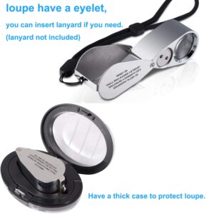 40X Metal Illuminated Jewelers Loop Magnifier Glass, Loupe Magnifier with Light and Pocket Folding, Handheld Jewelers Eye Loop for Jewelry Identifying, Currency Detecting, Rock Collecting, Stamps