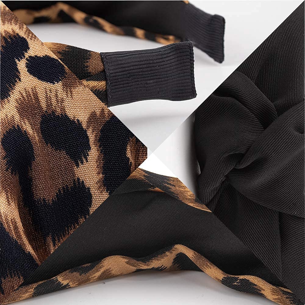 KICOSY 2PCS Headbands for Women Leopard Headband Knotted Headband for Girls Fashion Wide Headband Non Slip Hairband Elastic Hair Accessories(Black, Leopard)