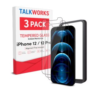 talk works premium tempered glass screen protector for iphone 12/12 pro, iphone 13/13 pro, iphone 14 - includes installation tray, anti-glare, crack proof, ultra thin (pack of 3)