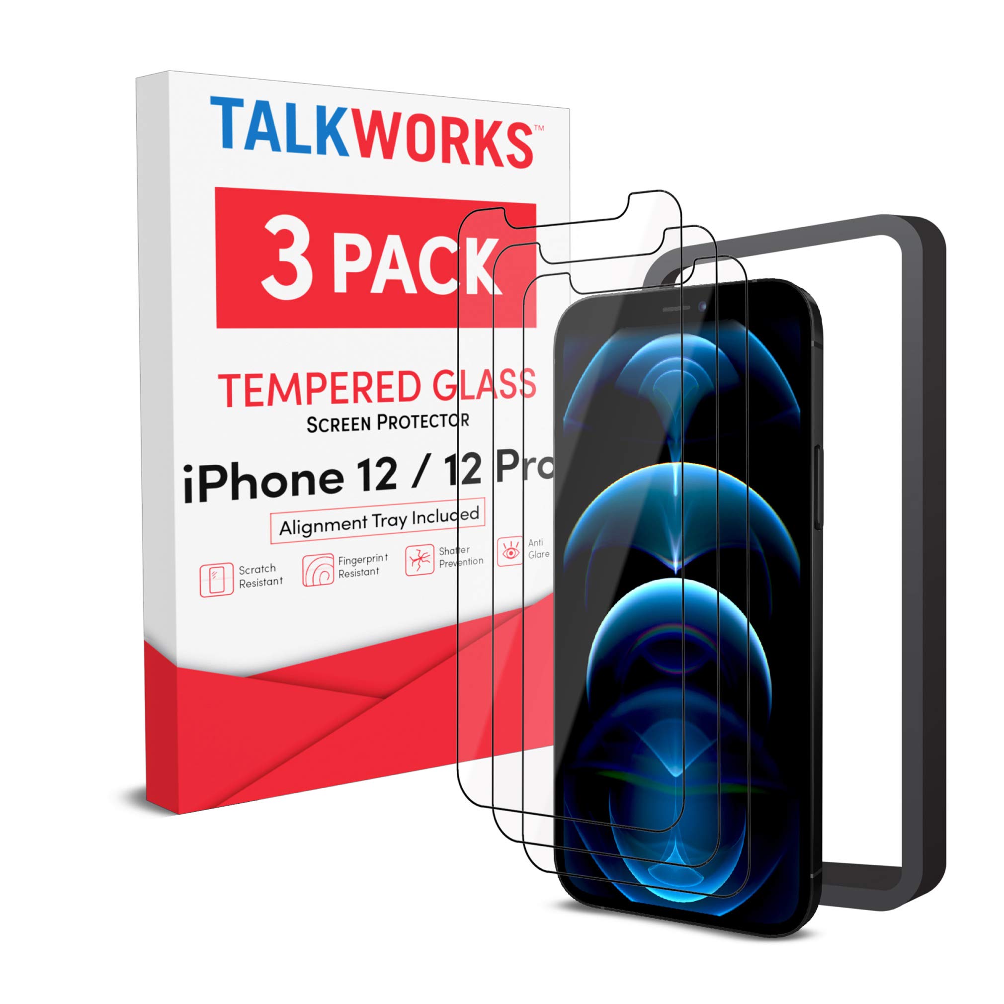 TALK WORKS Premium Tempered Glass Screen Protector for iPhone 12/12 Pro, IPhone 13/13 Pro, IPhone 14 - Includes Installation Tray, Anti-Glare, Crack Proof, Ultra Thin (Pack of 3)