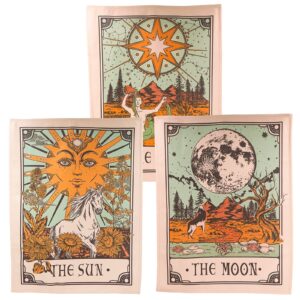 accnicc 3 pack tarot tapestry, sun moon and star tarot card tapestry, brown and beige tapestry wall hanging, vertical vintage aesthetic wall tapestry for room with steel grommets (brown, 20'' × 27'')