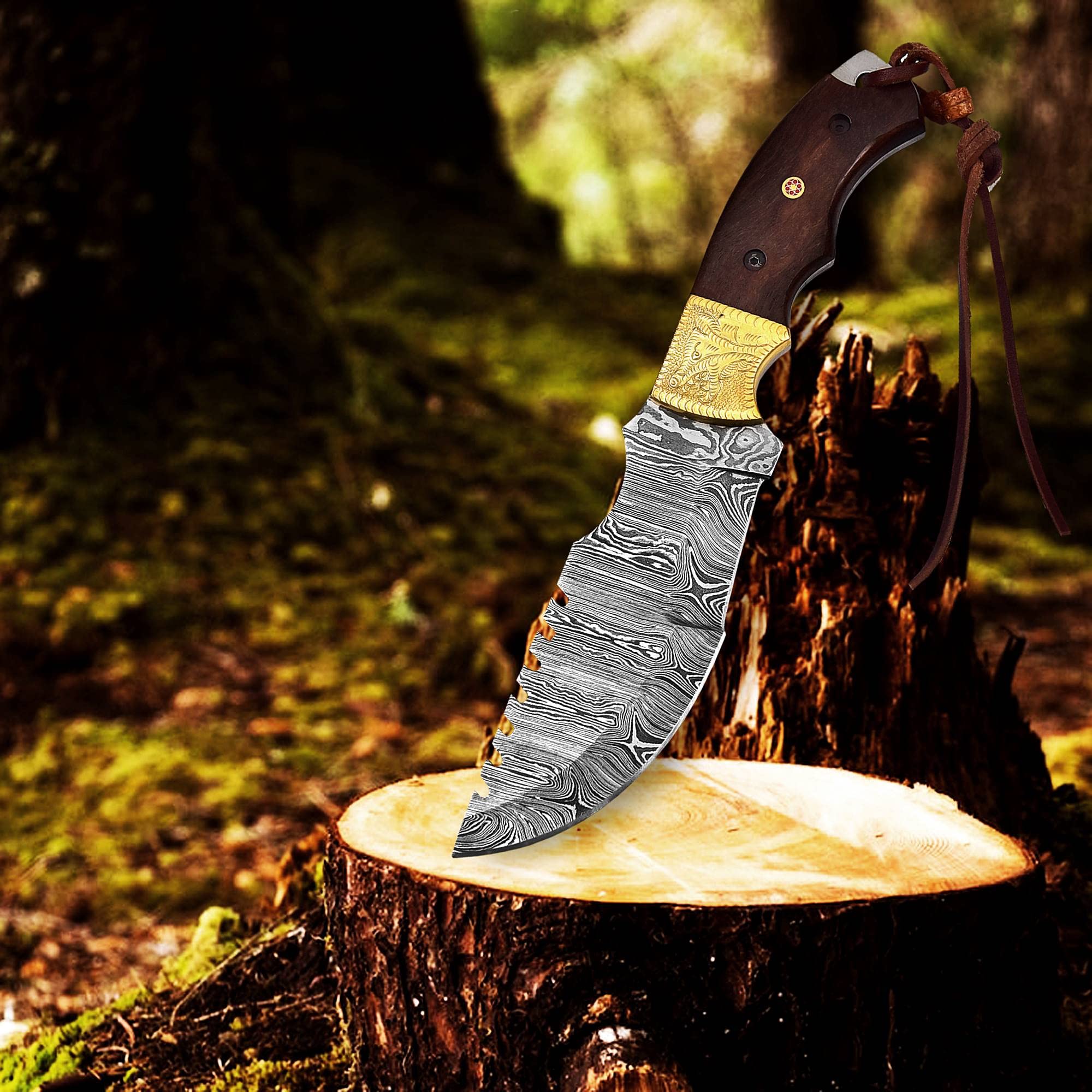 Dessi Tracker Knife: Hand-Forged Damascus Steel Blade - Perfect for Hunting, Camping, Tactical & Survival Use - With Horizontal Carry-Back Leather Sheath for Men SM71