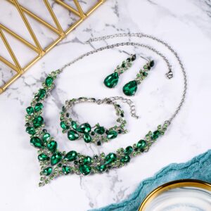 BriLove Wedding Bridal Jewelery for Women Austrian Crystal Teardrop Cluster Statement Necklace Dangle Earrings Link Bracelet Set Emerald Color Silver-Tone