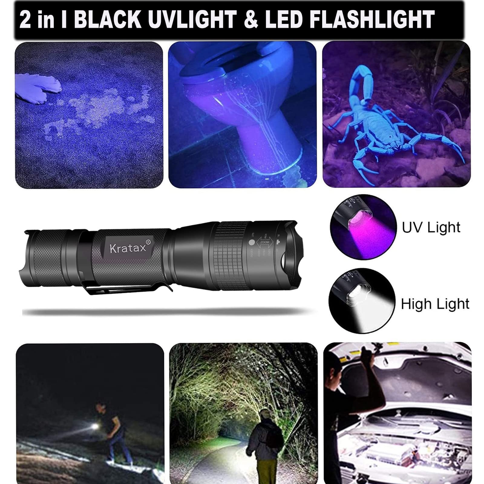 Kratax Tactical LED Flashlights-UV Black Light&Pocket Knife-Tactical Knife-Super Bright 750 High Lumens-Good for Camping,Hiking, Mens Gift