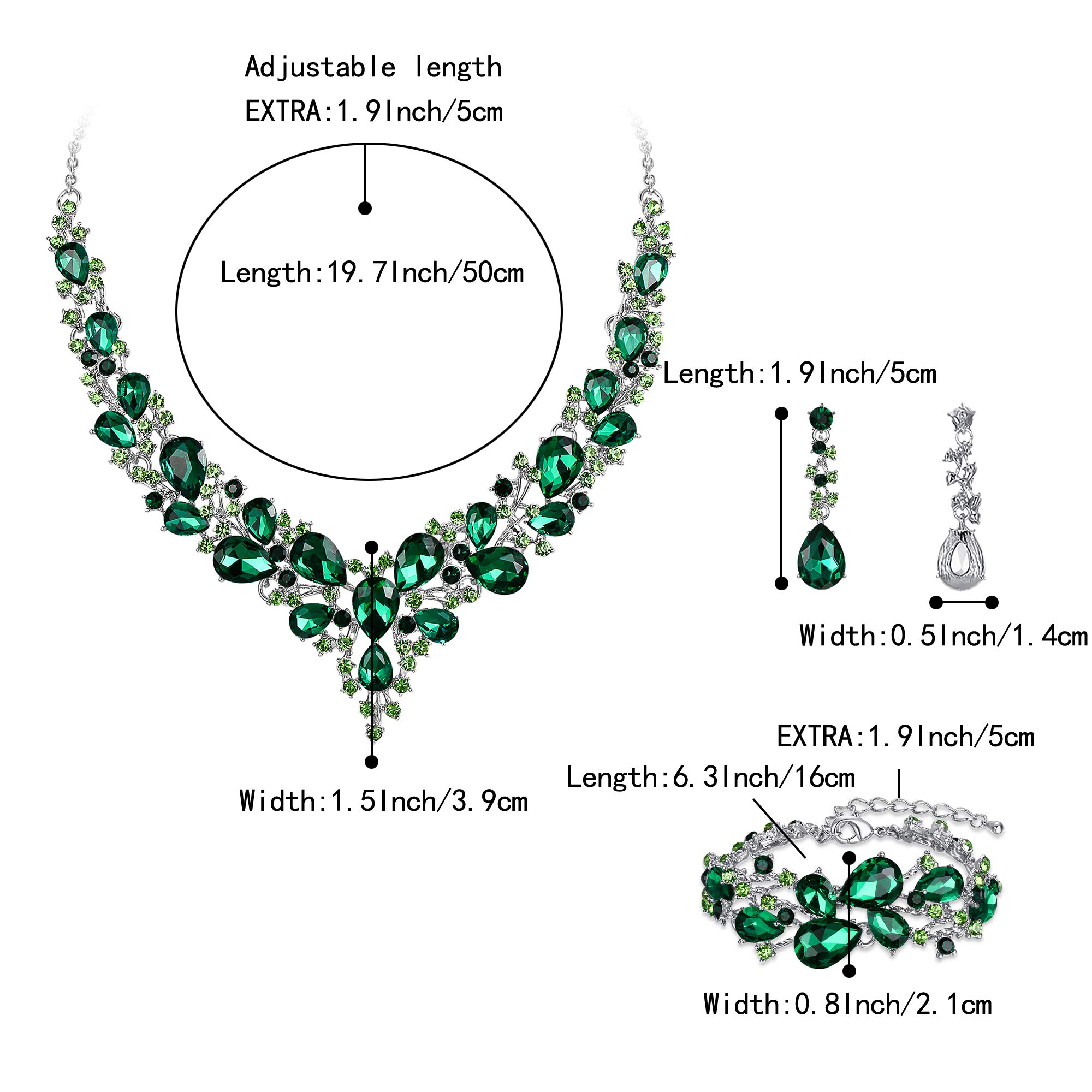 BriLove Wedding Bridal Jewelery for Women Austrian Crystal Teardrop Cluster Statement Necklace Dangle Earrings Link Bracelet Set Emerald Color Silver-Tone