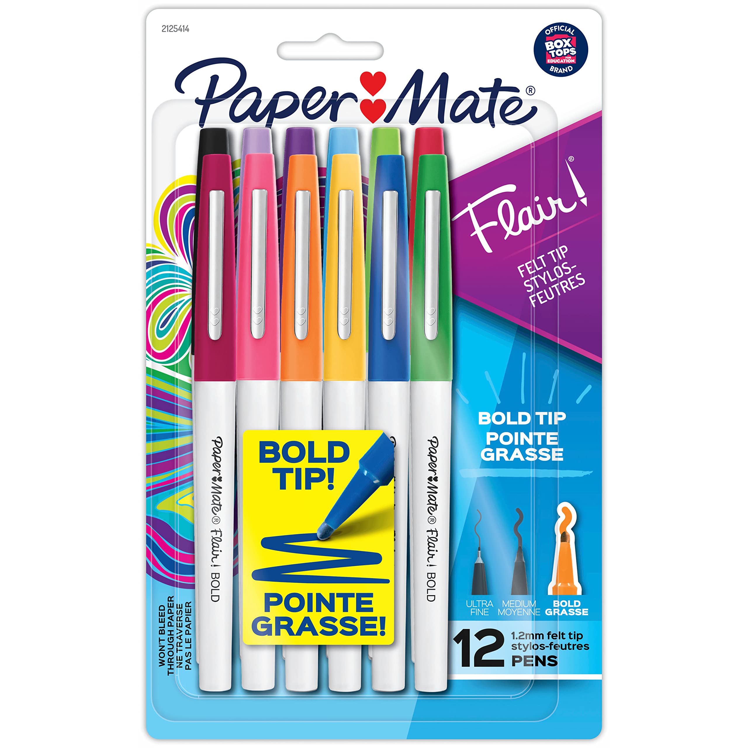 Paper Mate Flair Felt Tip Pens, Bold Tip (1.2 mm), Assorted Colors, 12 Count