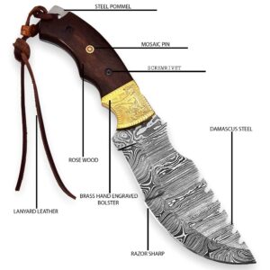 Dessi Tracker Knife: Hand-Forged Damascus Steel Blade - Perfect for Hunting, Camping, Tactical & Survival Use - With Horizontal Carry-Back Leather Sheath for Men SM71