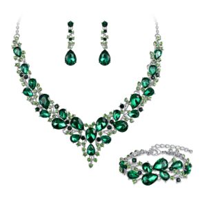 brilove wedding bridal jewelery for women austrian crystal teardrop cluster statement necklace dangle earrings link bracelet set emerald color silver-tone