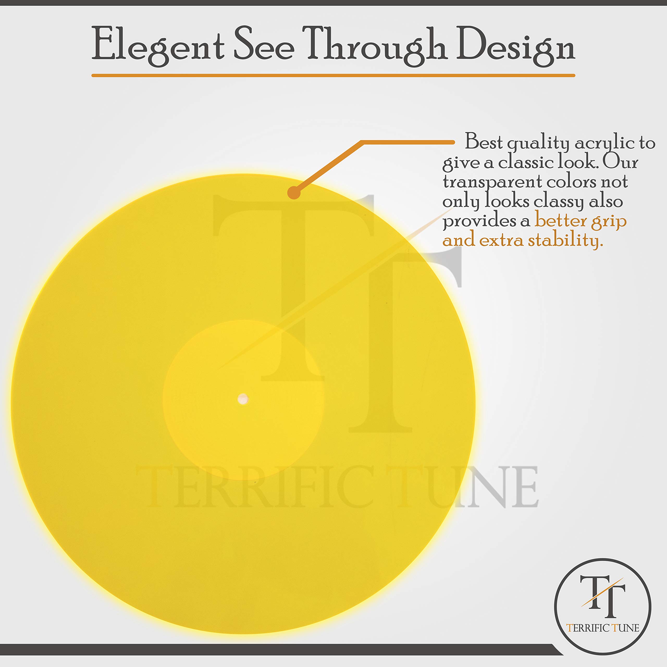 Terrific Tune-Acrylic Turntable Slipmat for Vinyl LP Record Players - Transparent Platter Mat - Anti-static and Dust Proof - Reduce Noise & Improve Sound Quality (Yellow)