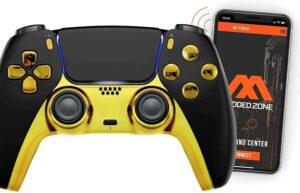 moddedzone black/gold custom rapid fire, anti recoil, macros modded wireless controller for ps5 & pc - unique designs, smart mods for ps5 controller controlled by the app. best for fps games