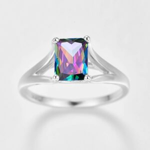 Empsoul Silver Plated 6x8mm Emerald Shaped Created Rainbow Topaz CZ Filled Proposal Wedding Engagement Bridal Women Ring Size 6