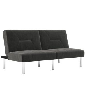 dhp mara 69 inch futon sofa bed in velvet fabric, modern armless upholstered couch sleeper for small spaces, tufted back, gray