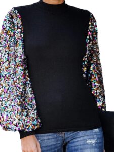 anna-kaci women's confetti sequin balloon long sleeve mock neck pullover sweatshirt (black, large)