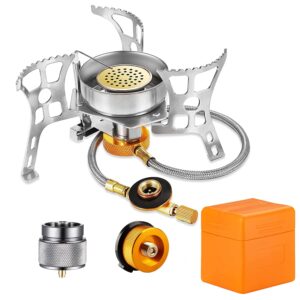 svnvioz camping stove windproof backpacking stove with piezo ignition, plastic storage box, 2 types fuel canister adapters, camping gear portable stove for outdoor camping hiking cooking