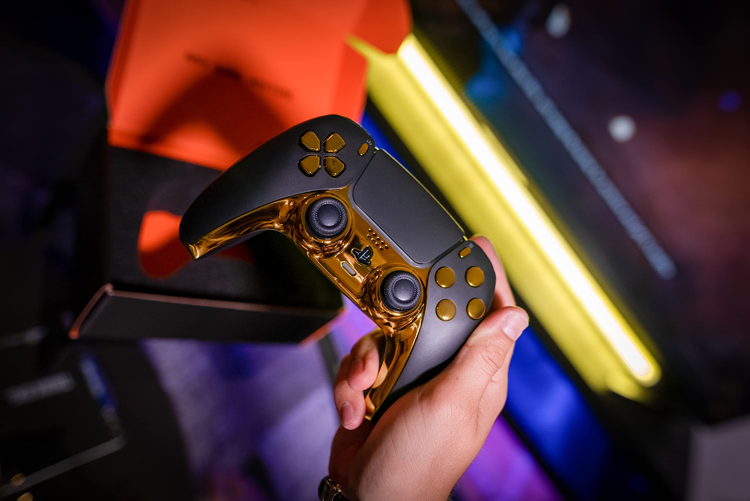 MODDEDZONE Black/GOld Custom Rapid Fire, Anti Recoil, Macros MODDED Wireless Controller for PS5 & PC - Unique Designs, Smart Mods for ps5 controller controlled by the APP. Best for FPS Games