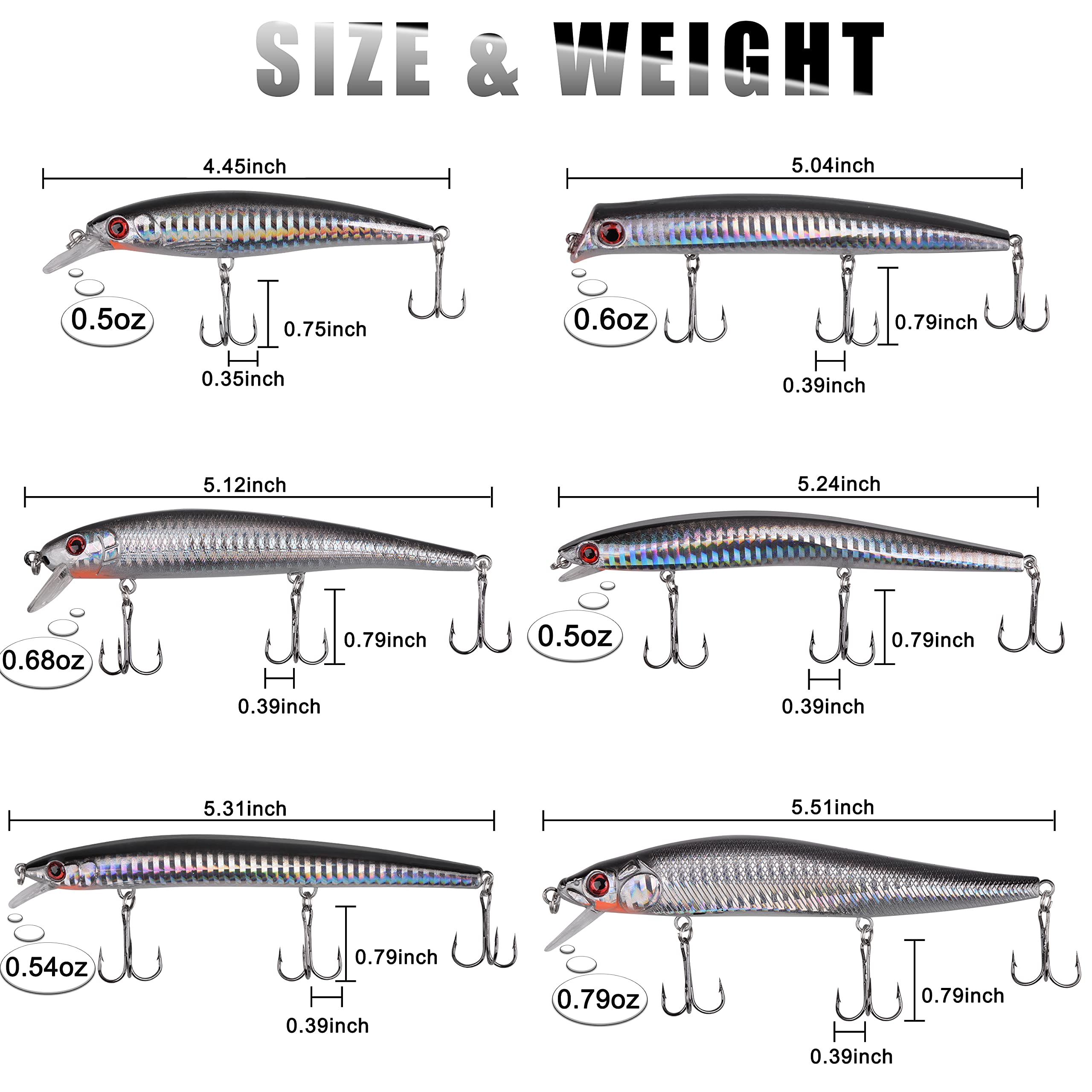 Saltwater Fishing Lures Kit - 6pcs 5in Minnow Plugs Crankbait Popper Jerkbait Hard Baits Surf Fishing Lure Black Silver with Strong Treble Hooks Artificial Baits for Bass Salmon Striper Trout