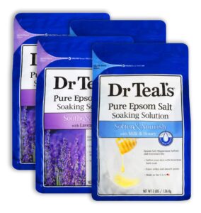 dr teal's epsom salt bath combo 4-pack (12 lbs total), soothe & sleep with lavender, and soften & nourish with milk & honey