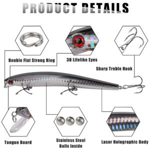 Saltwater Fishing Lures Kit - 6pcs 5in Minnow Plugs Crankbait Popper Jerkbait Hard Baits Surf Fishing Lure Black Silver with Strong Treble Hooks Artificial Baits for Bass Salmon Striper Trout