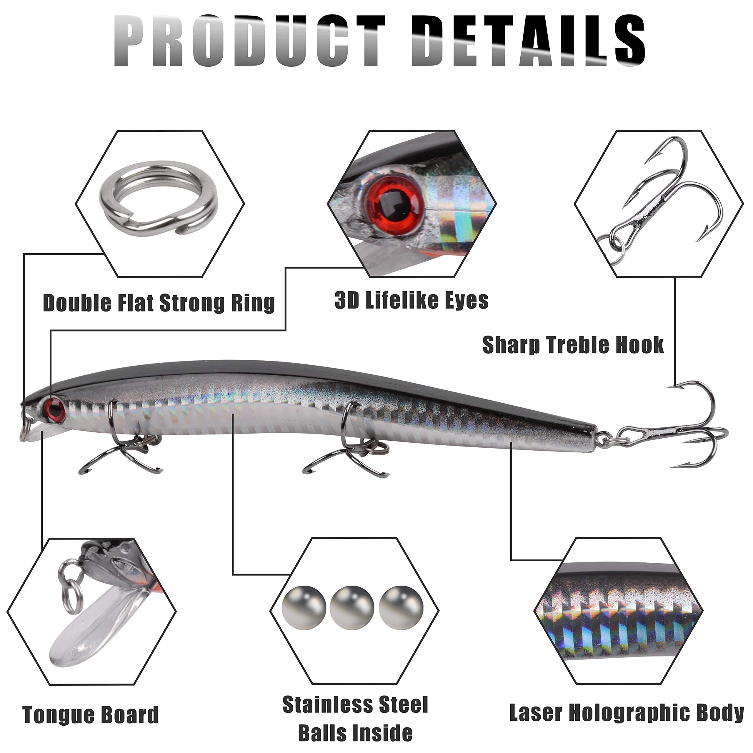 Saltwater Fishing Lures Kit - 6pcs 5in Minnow Plugs Crankbait Popper Jerkbait Hard Baits Surf Fishing Lure Black Silver with Strong Treble Hooks Artificial Baits for Bass Salmon Striper Trout