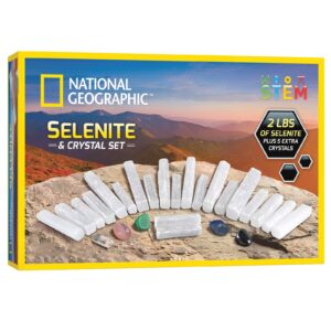 national geographic selenite crystal set - 2 lbs of bulk selenite wands & 5 premium crystals, rose quartz, hematite, aventurine, blue quartz, raw crystals, gemstones