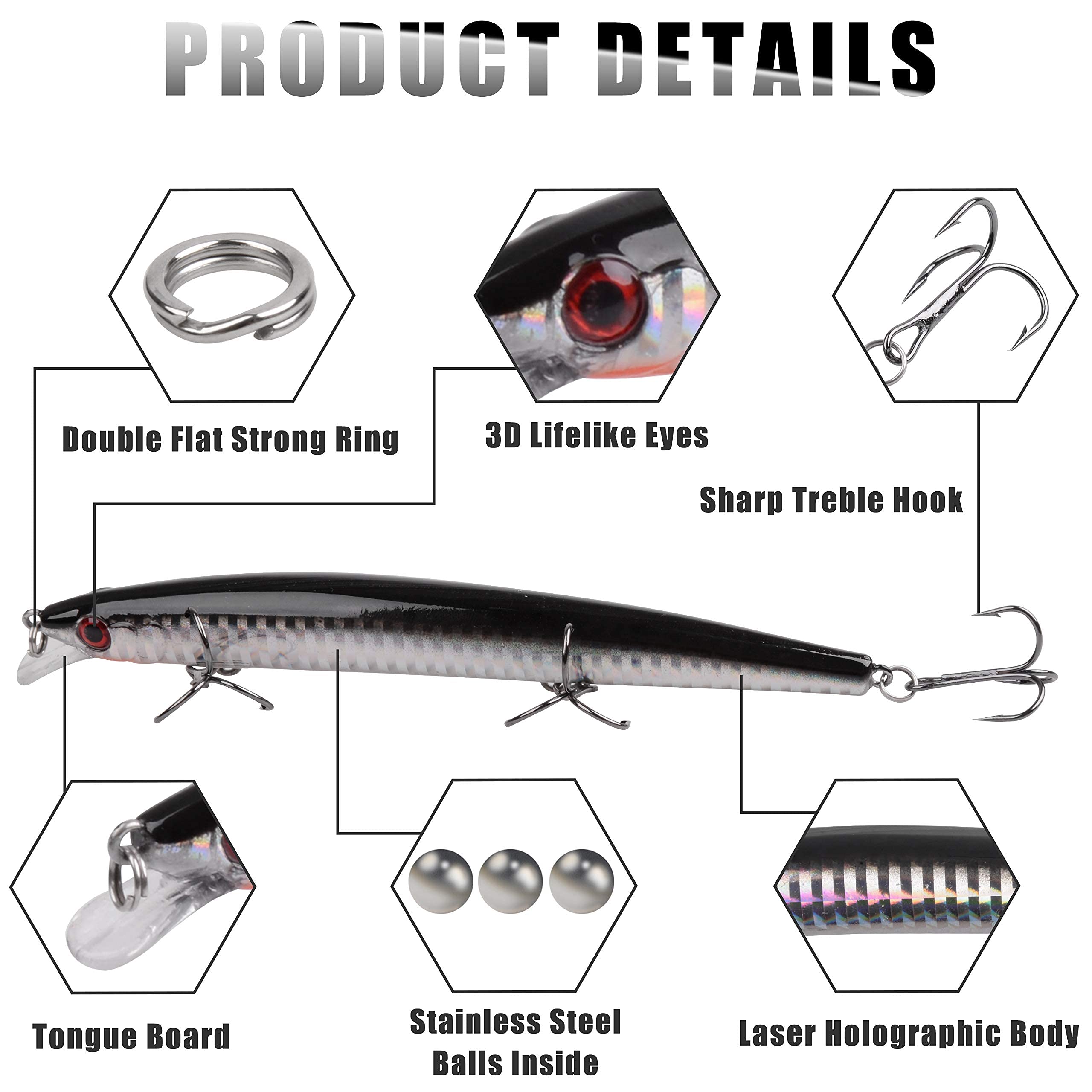 Saltwater Fishing Lures Kit - 6pcs 5in Minnow Plugs Crankbait Popper Jerkbait Hard Baits Surf Fishing Lure Black Silver with Strong Treble Hooks Artificial Baits for Bass Salmon Striper Trout