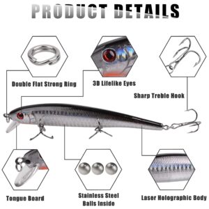 Saltwater Fishing Lures Kit - 6pcs 5in Minnow Plugs Crankbait Popper Jerkbait Hard Baits Surf Fishing Lure Black Silver with Strong Treble Hooks Artificial Baits for Bass Salmon Striper Trout