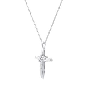 GILDED Small 10K White Gold Natural Round-Cut Diamond Accent (I-J Color, I2-I3 Clarity) 3 Stone Cross Pendant-Necklace,18"