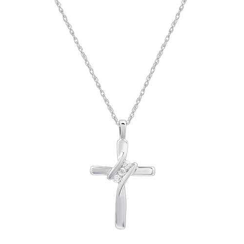 GILDED Small 10K White Gold Natural Round-Cut Diamond Accent (I-J Color, I2-I3 Clarity) 3 Stone Cross Pendant-Necklace,18"