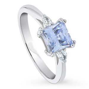 berricle sterling silver 3-stone greyish blue princess cut cubic zirconia cz fashion anniversary ring for women, rhodium plated size 4