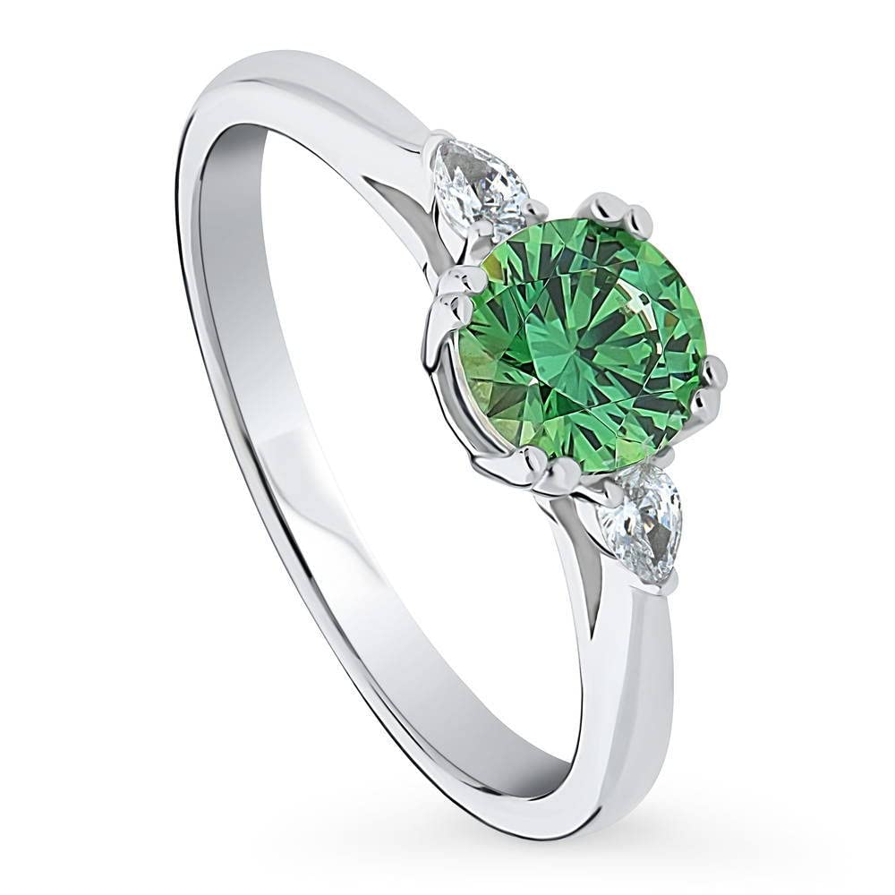 BERRICLE Sterling Silver 3-Stone Green Round Cubic Zirconia CZ Fashion Anniversary Ring for Women, Rhodium Plated Size 6