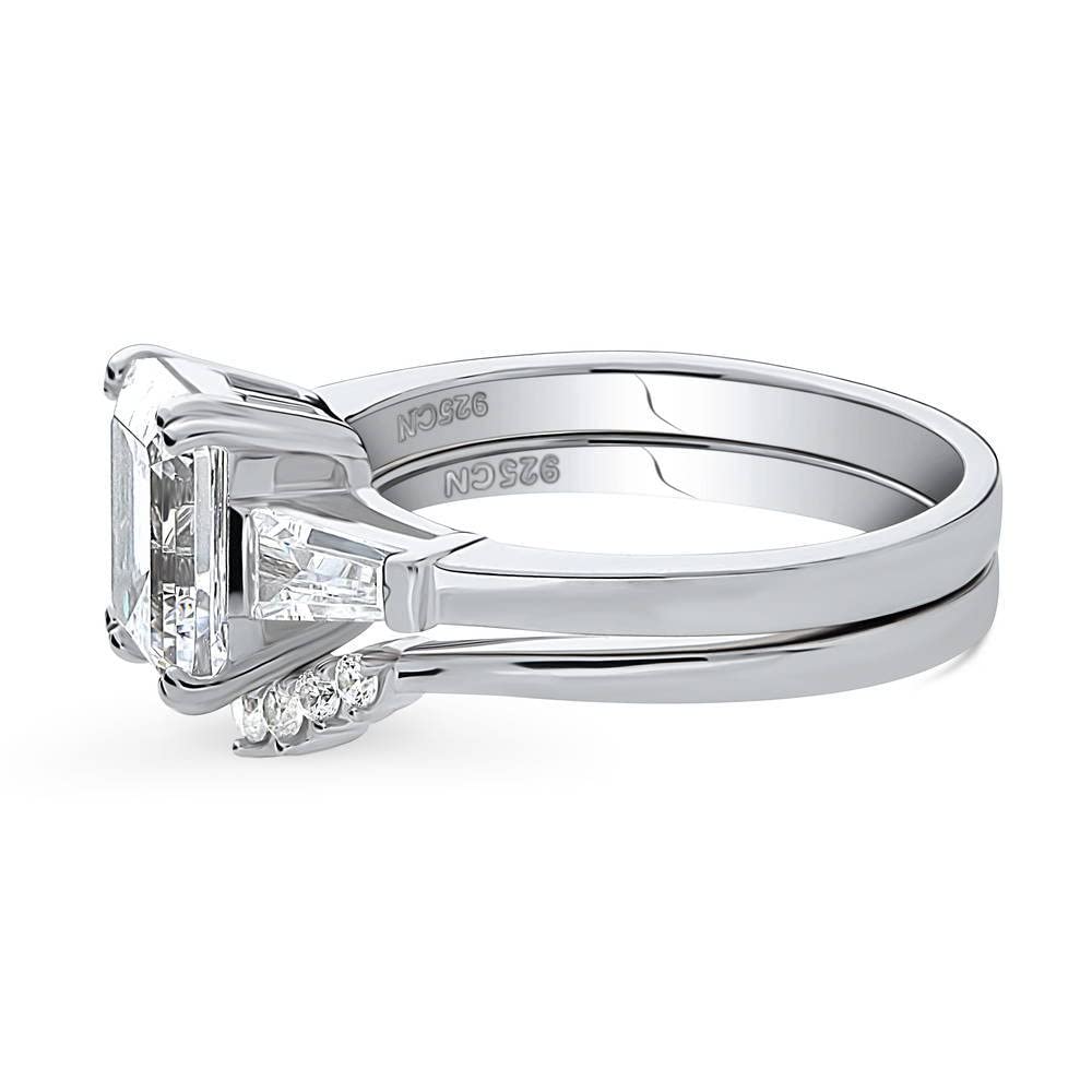 BERRICLE Sterling Silver 3-Stone Wedding Engagement Rings Emerald Cut Cubic Zirconia CZ 7-Stone Ring Set for Women, Rhodium Plated Size 6.5