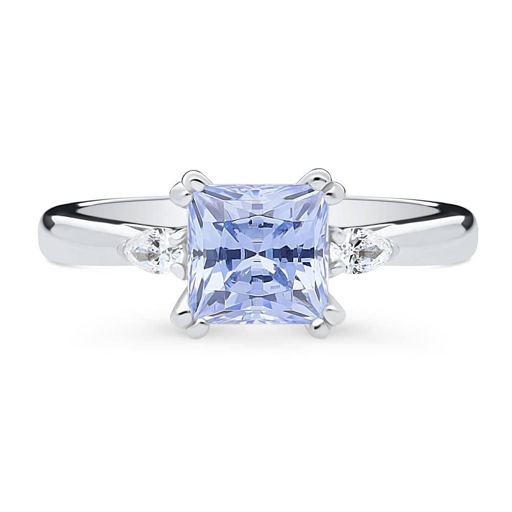 BERRICLE Sterling Silver 3-Stone Greyish Blue Princess Cut Cubic Zirconia CZ Fashion Anniversary Ring for Women, Rhodium Plated Size 4