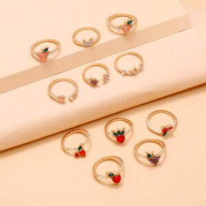 XUN Zhe 11Pcs Stackable Ring Set Apple Peach Strawberry Grape Cherry Butterfly Snowflake Fruit Rhinestone Crystal Zirconia Knuckle Band Ring Jewelry for Women (Golden)