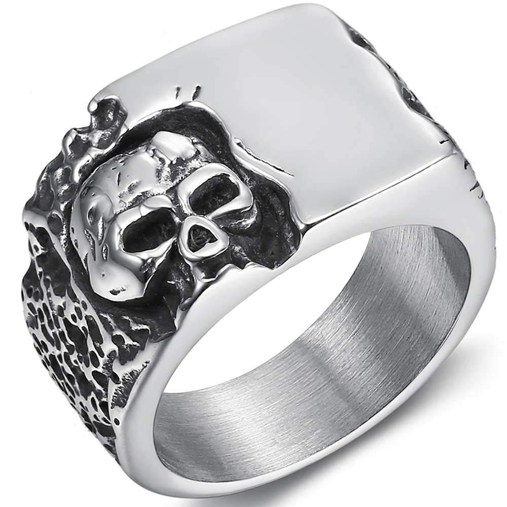 Jude Jewelers Antique Retro Vintage Style Stainless Steel Gothic Skull Signet Halloween Party Biker Ring (Silver, 9)